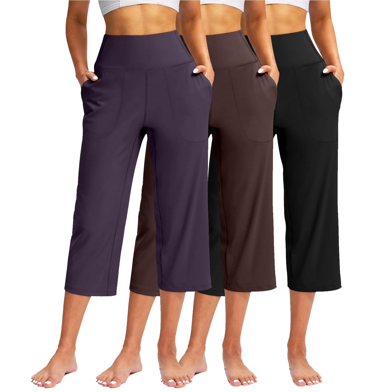 3 Packs Womens Capris Athletic High Waisted Wide Leg Business Gaucho ...