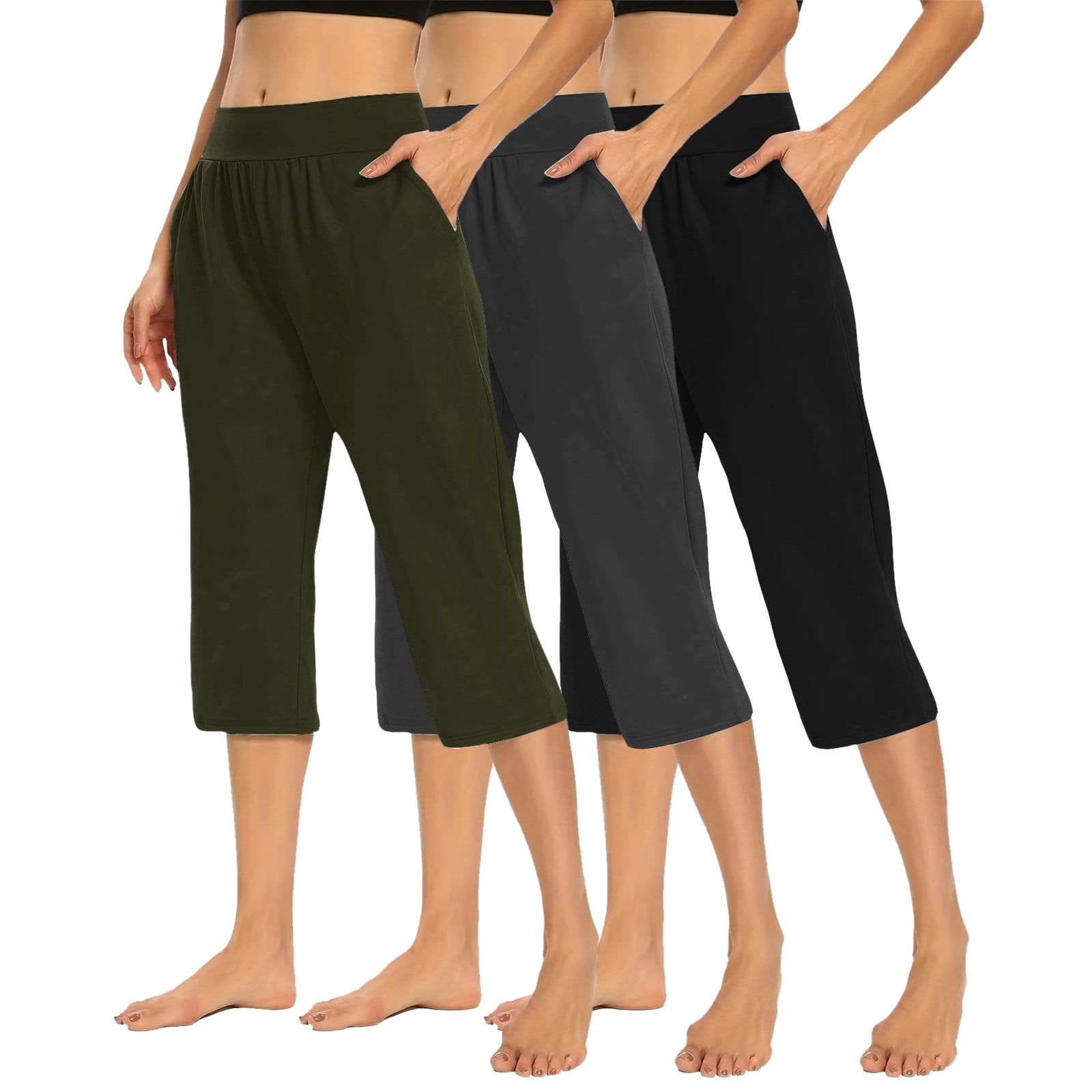3 Packs Womens Capris with Pockets Loose Fit Low Rise Straight Leg ...