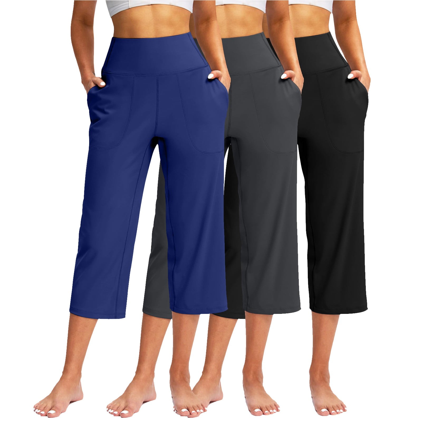 3 Packs Womens Flared Elastic Waist High Waisted Capris Straight Leg ...