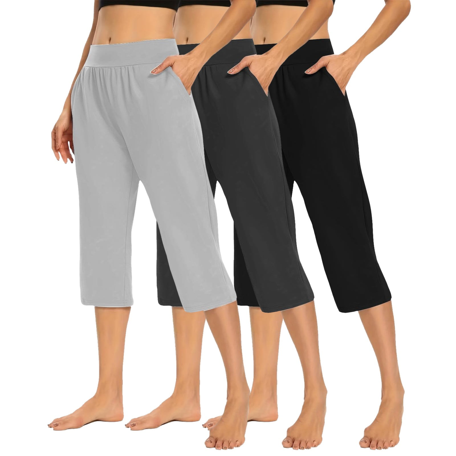 3 Packs Womens Lightweight Loose Fit Capris Trendy Yoga Elastic Waist ...