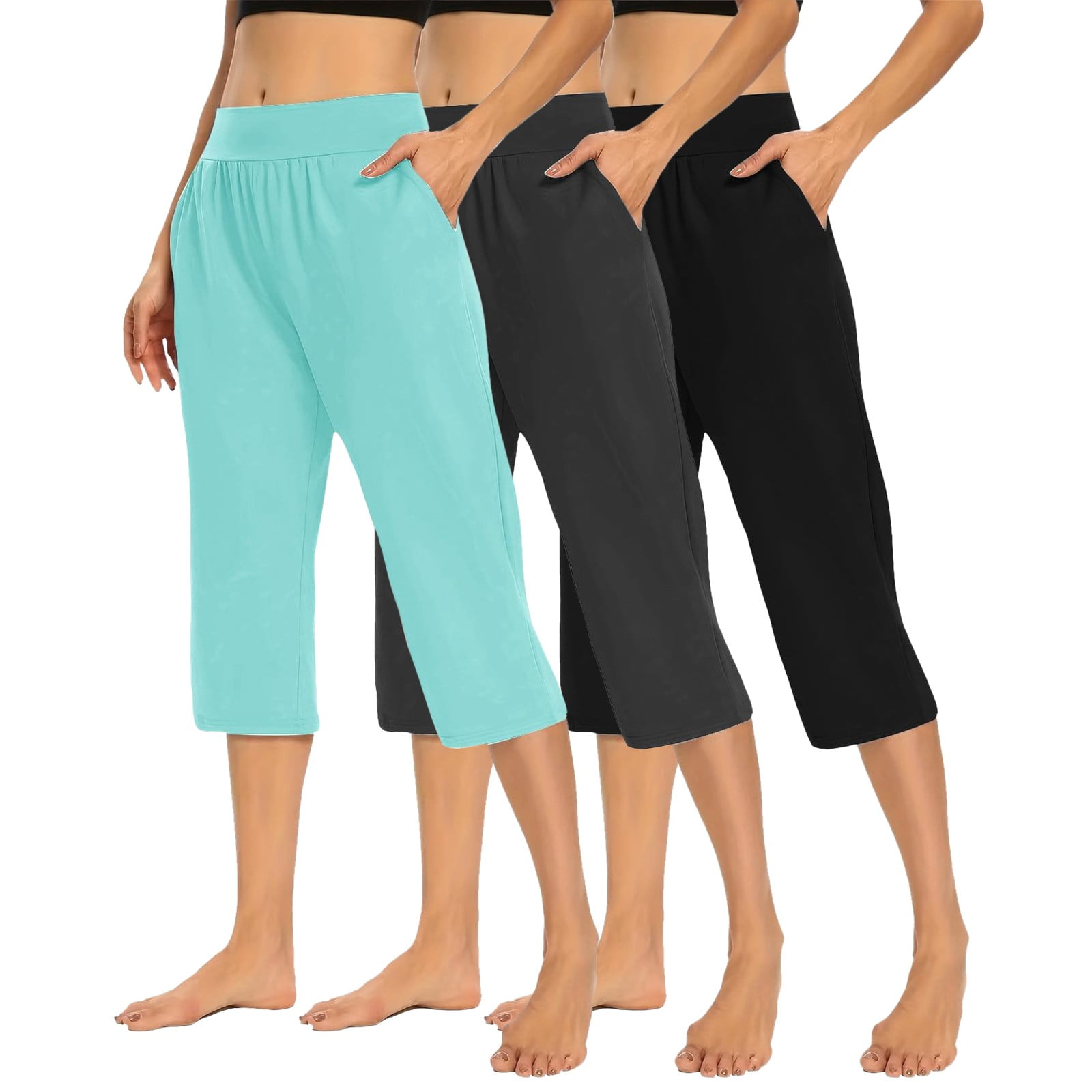 3 Packs Womens Loose Fit Golf Capri Pants Straight Leg High Waisted Office Gaucho Pants Yoga ...
