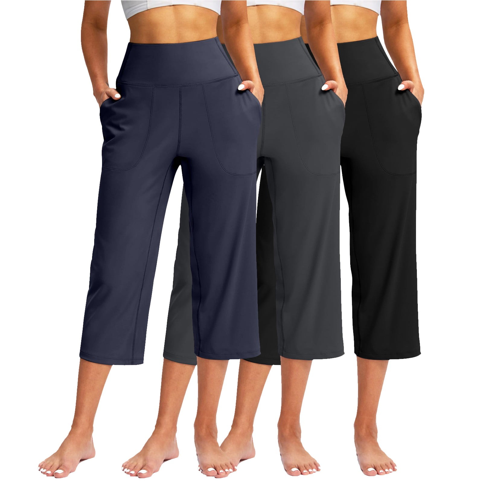 3 Packs Womens Low Rise Capris Elastic Waist Straight Leg Yoga Gaucho ...