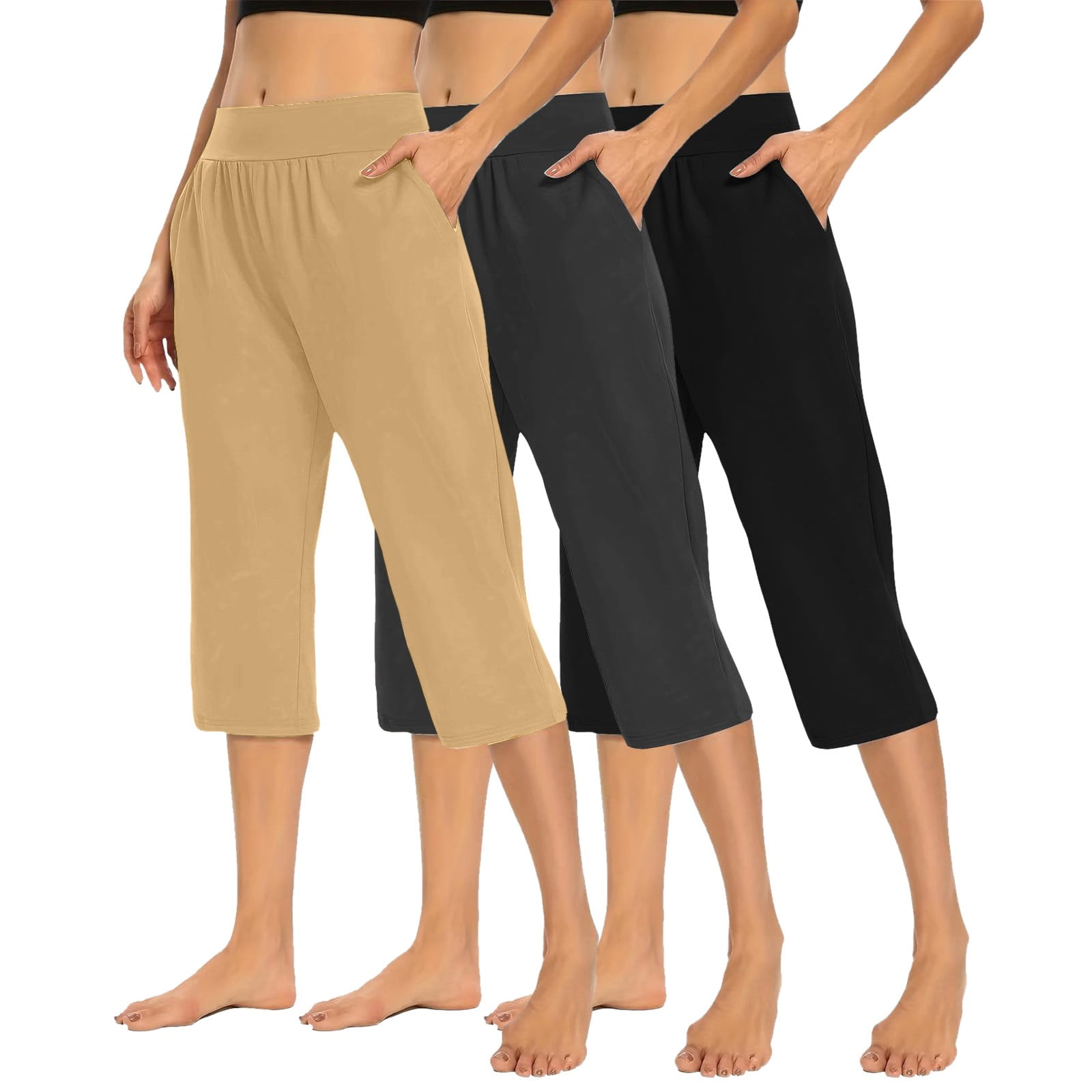 3 Packs Womens Yoga Cropped Pants Capris Wide Leg Elastic Waist ...