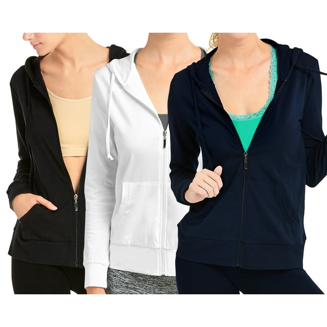 3 Packs Of Womens Lightweight Cotton Blend Long Sleeve Zip Up Thin