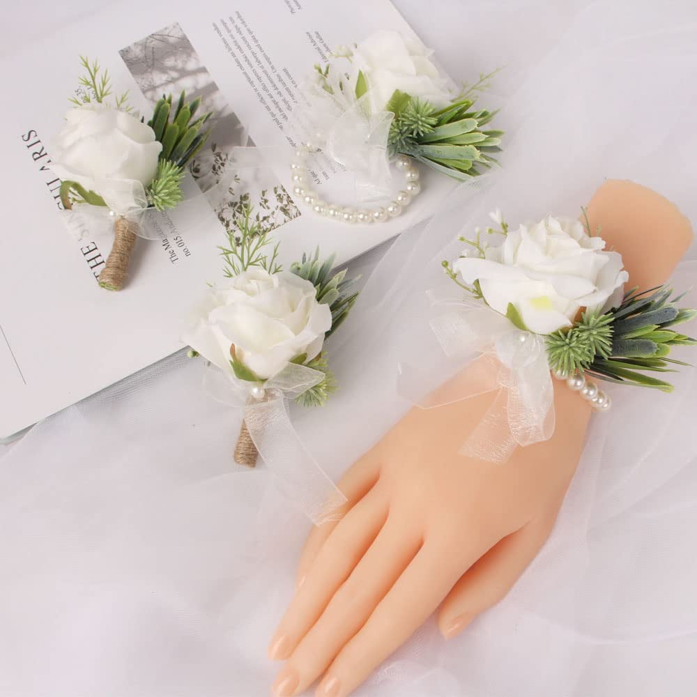 3 Pair White Rose Wrist Flowers and Men's Corsage Wedding Flowers ...