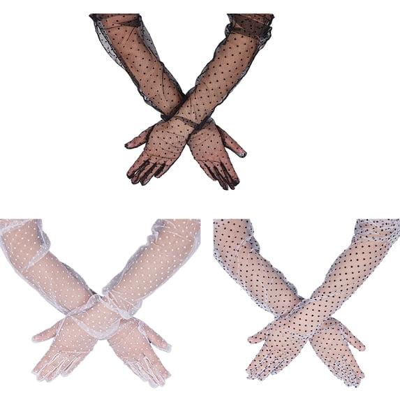 3 Pairs 3 Colors Elbow Length Polka Dot Long Lace Tulle Gloves Black ...