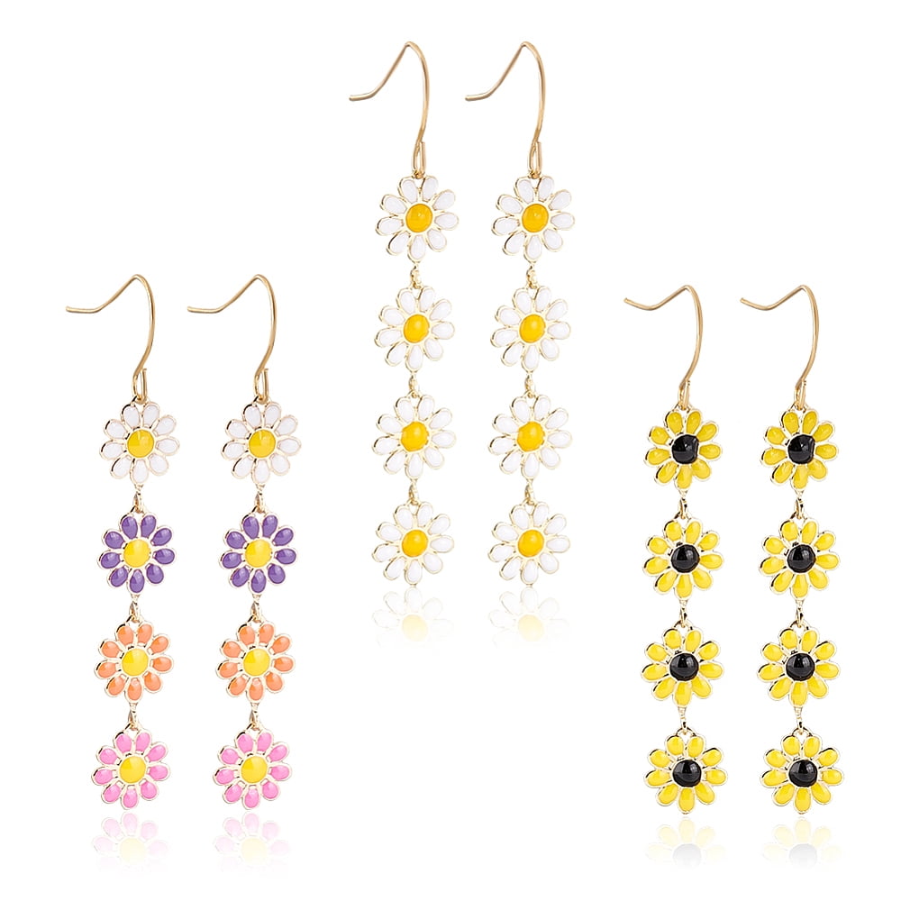 3 Pairs 3 Colors Enamel Daisy Flower Dangle Earrings Light Gold Brass ...