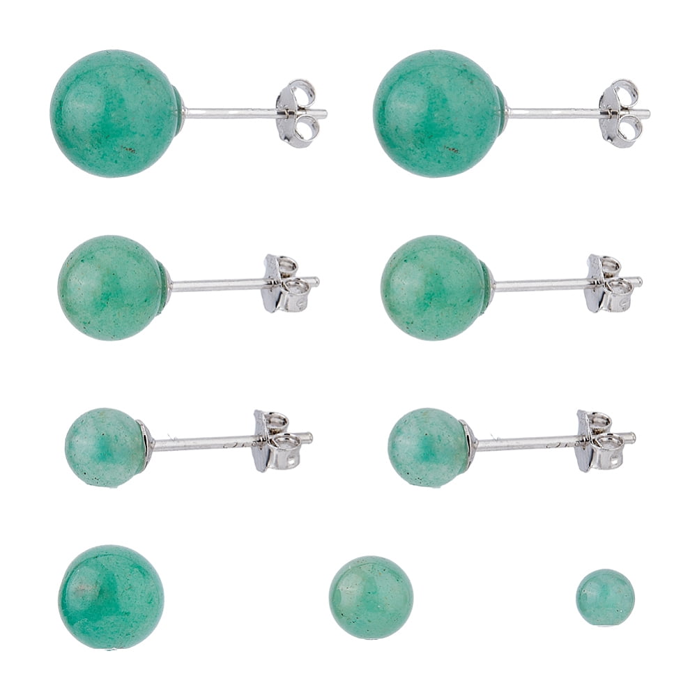 3 Pairs 3 Styles Natural Green Aventurine Round Stud Earrings with 925 ...