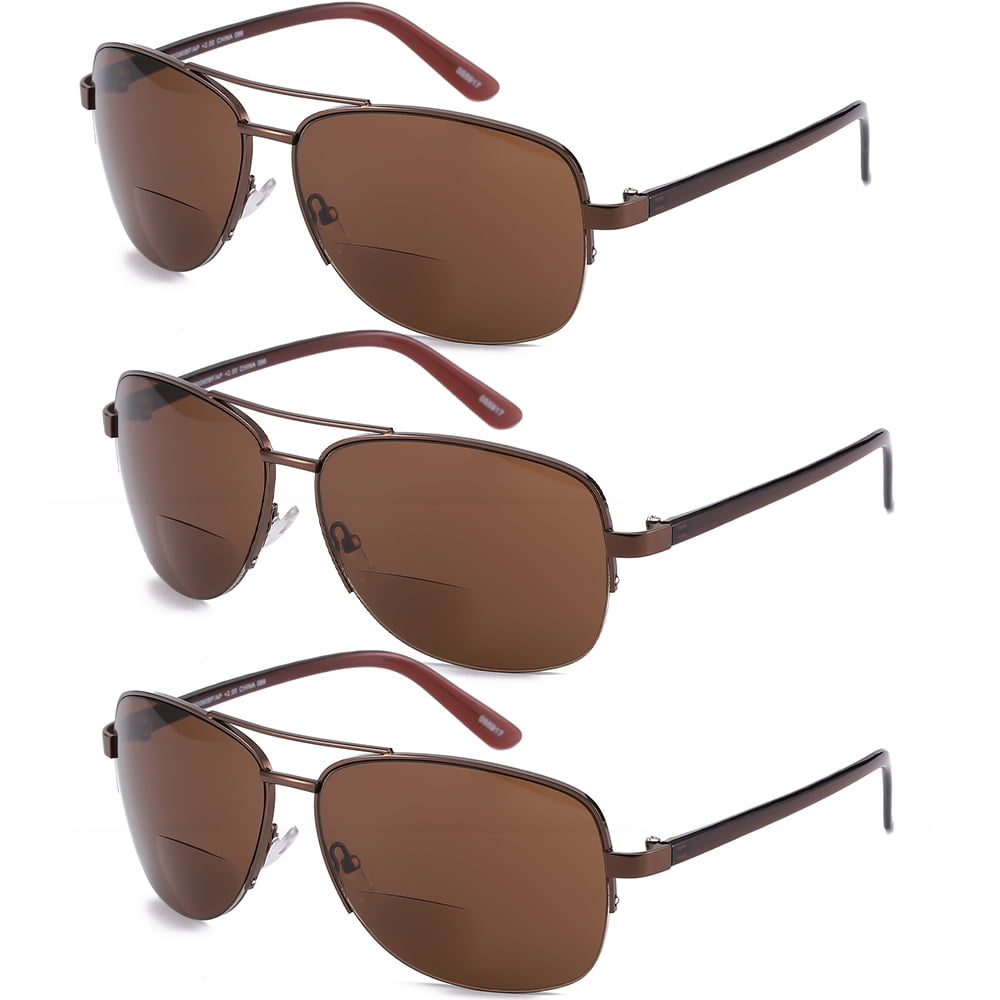 3 Pairs Bifocal Reading Glasses Pilot Sunglasses Metal Tinted Readers ...