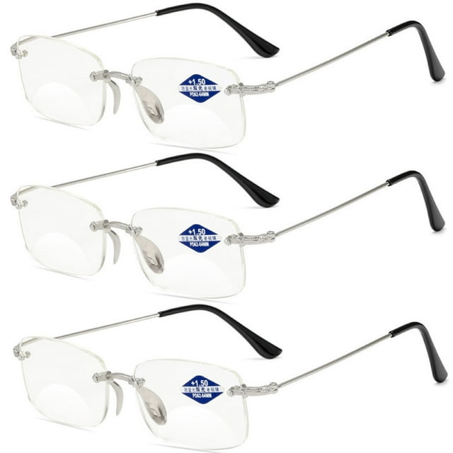 3 Pairs of Blue Light Blocking Rimless BIFOCAL Reading Glasses 1.50 for Men and Women, Rectangle ...