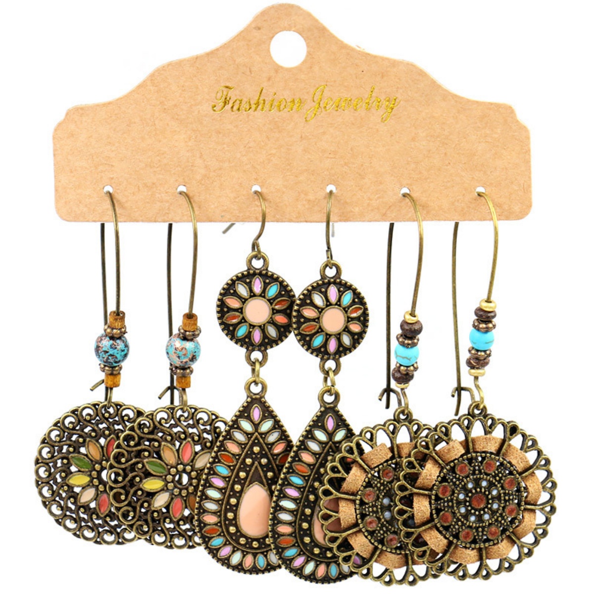 3-Pairs Bohemian Drop Earrings Set, Geometric Hollow Leaf And Heart ...