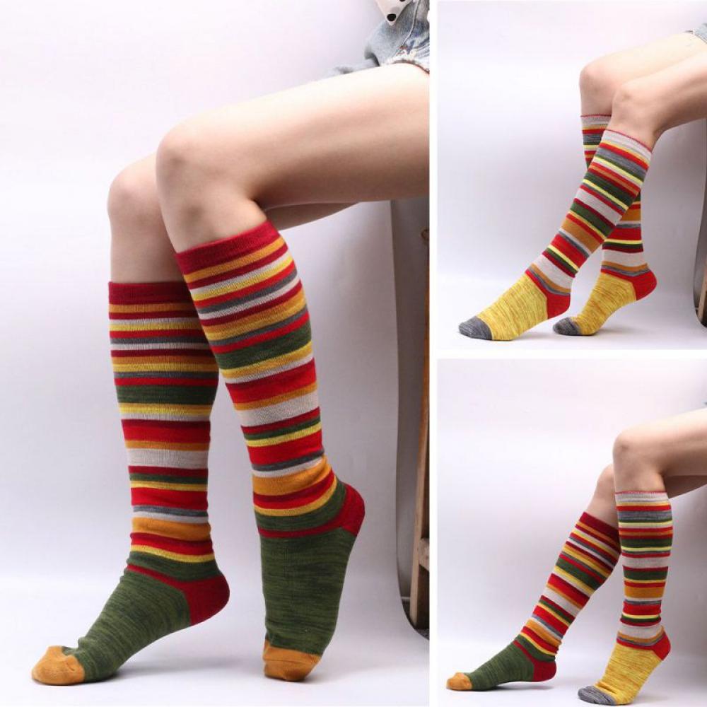 3 Pairs Christmas Colorful Long Striped Socks Knee High Stocking Knee ...