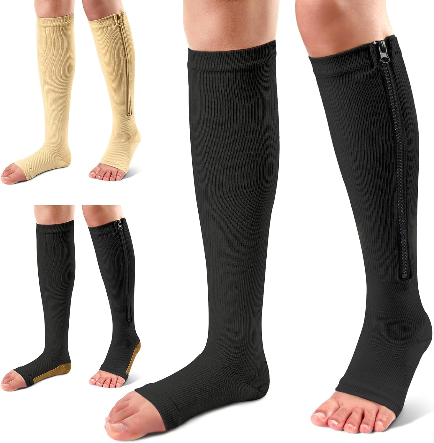 3 Pairs Compression Socks with Zipper, 15-20 mmHg Medical Knee High ...
