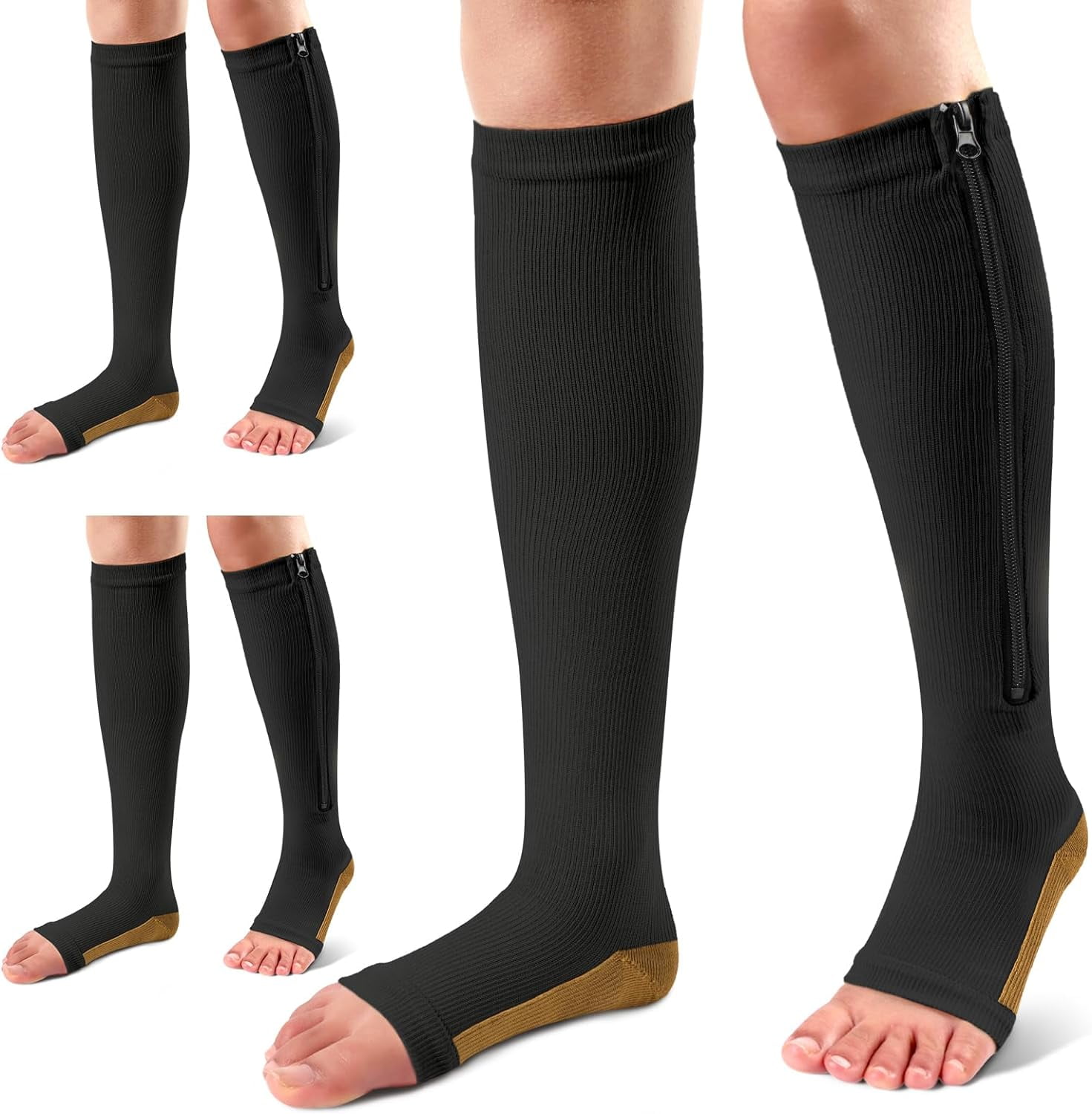 3 Pairs Compression Socks with Zipper, 15-20 mmHg Medical Knee High ...