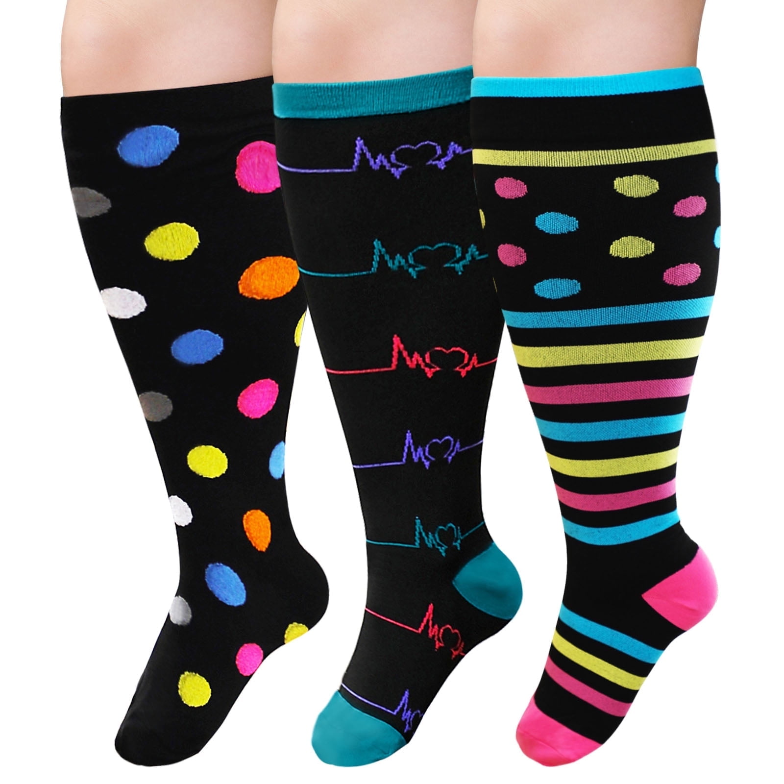 UNEEI 3 Pairs Wide Calf Compression Socks for Women and Men,Plus Size ...