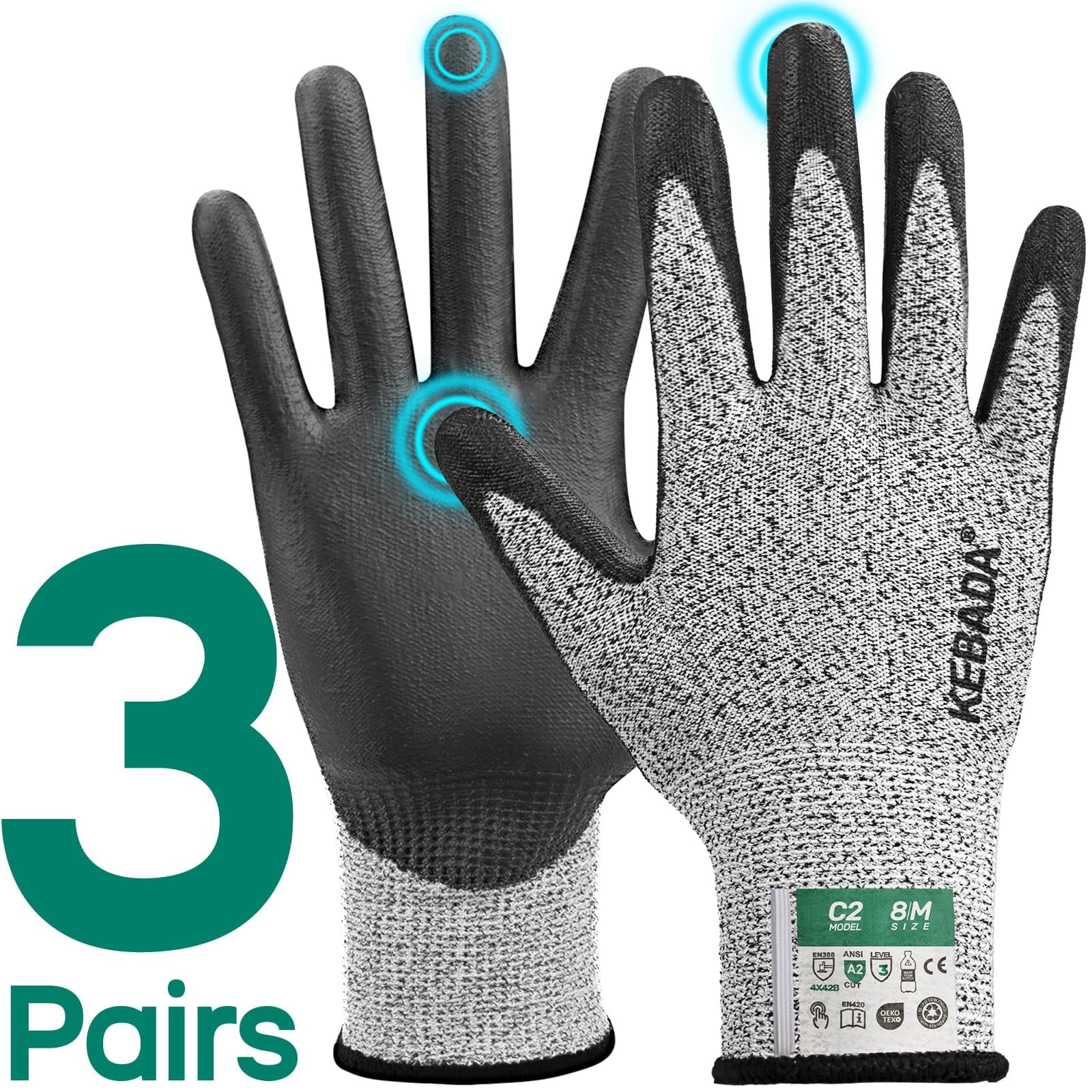 3 Pairs Cut Resistant Gloves with PU Coating, ANSI A2 Certified ...