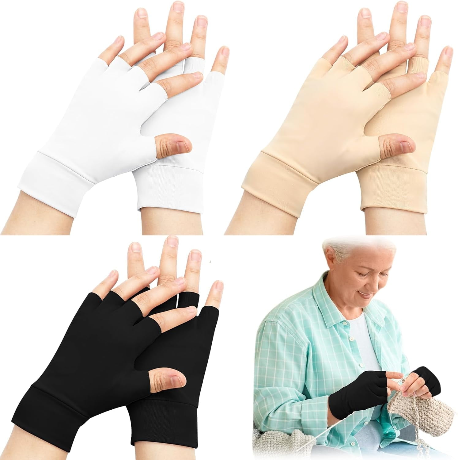 3 Pairs Elderly Skin Thin Protector Gloves Tone Fingerless Gloves ...