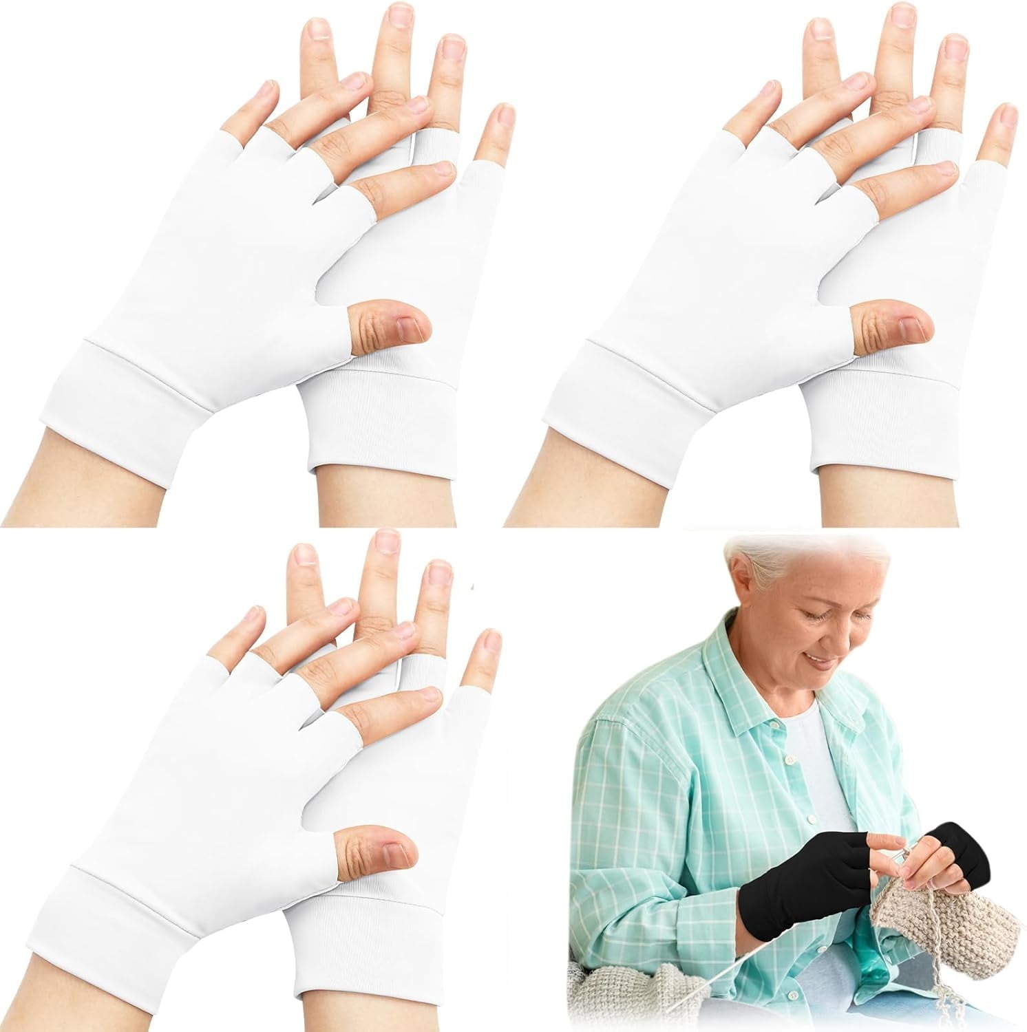 3 Pairs Elderly Skin Thin Protector Gloves Tone Fingerless Gloves ...