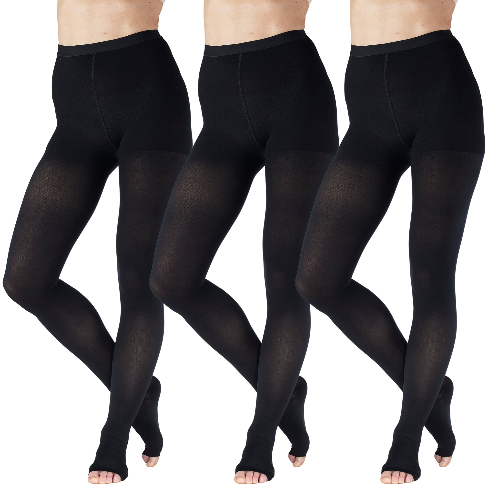 (3 Pairs) Extra Wide Womens Open Toe Support Tights 20-30mmHg - Black ...