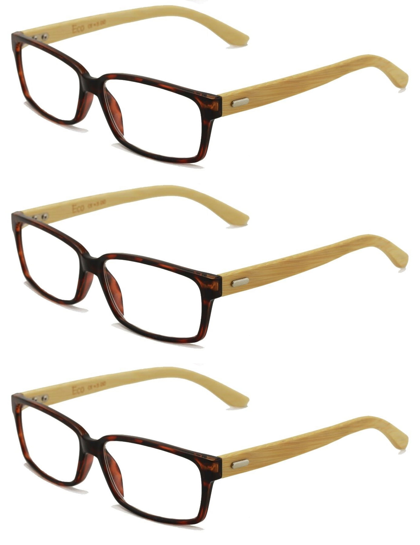 3 Pairs Geniune Bamboo Wood Temple Reading Glasses - Clear Lens Readers ...