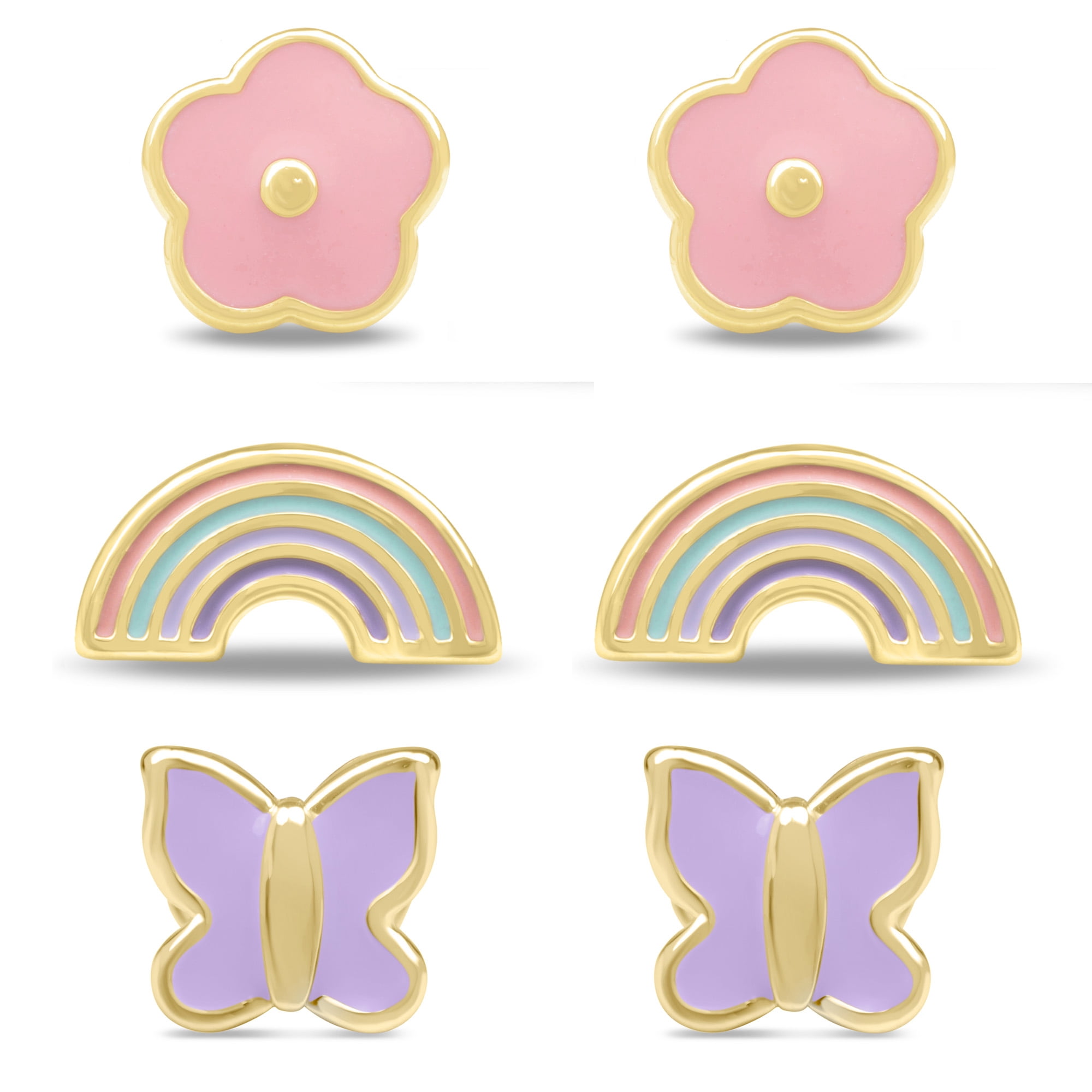 3 Pairs Gold Plated Sterling Silver Pink Enamel Flower, Pastel Enamel Rainbow and Purple Enamel ...