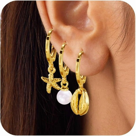 3 Pairs Gold Shell Earrings Set for Women Dainty Starfish Seashell ...