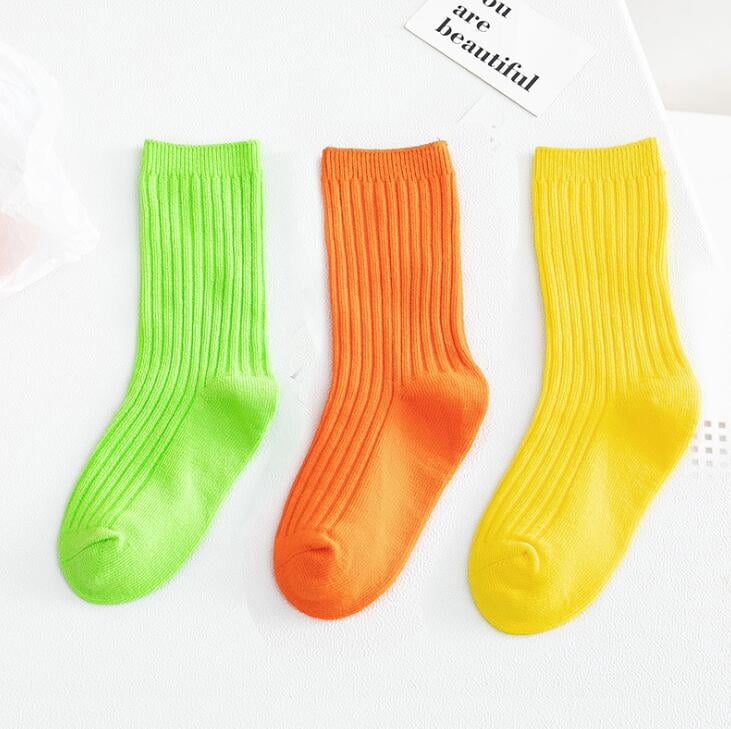 3 Pairs Kids Casual Ribbed Socks Japenese Style Solid Candy Color Baby ...
