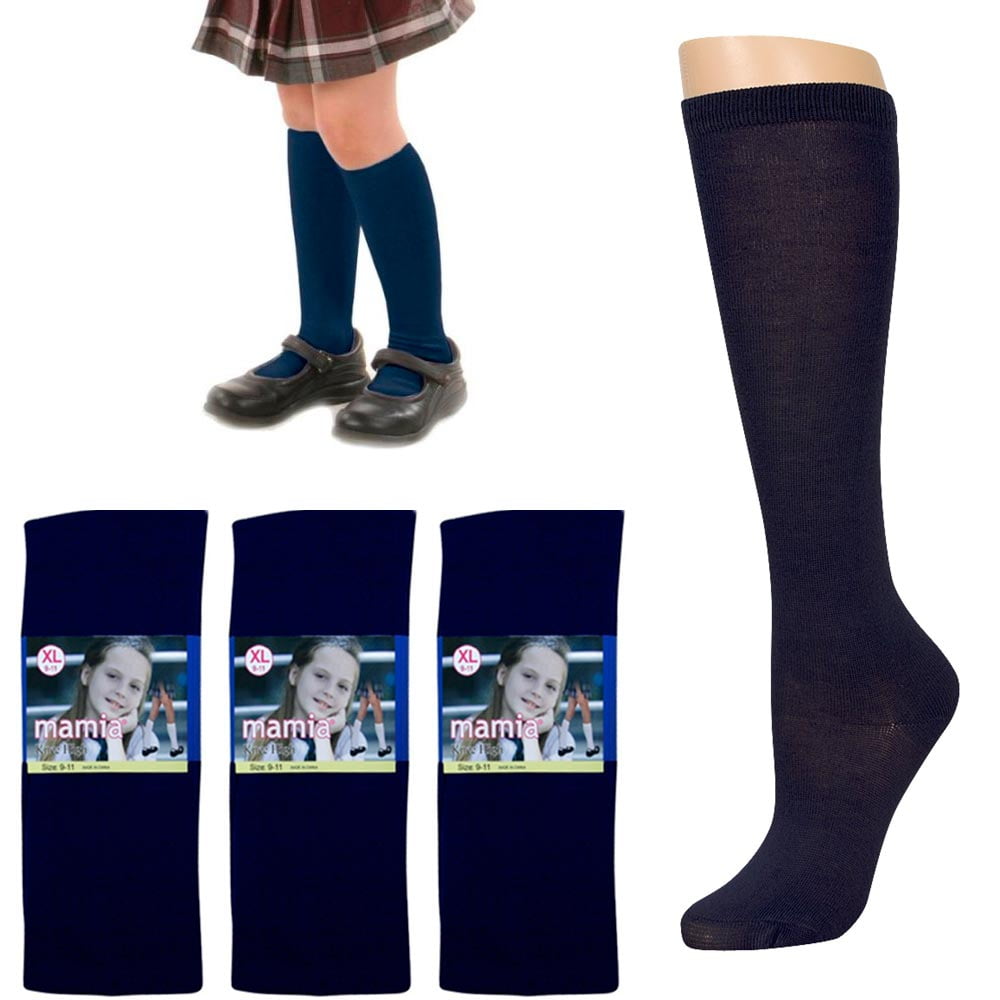 3 Pairs Knee High Uniform School Girl Soccer Socks Womens Navy Blue ...