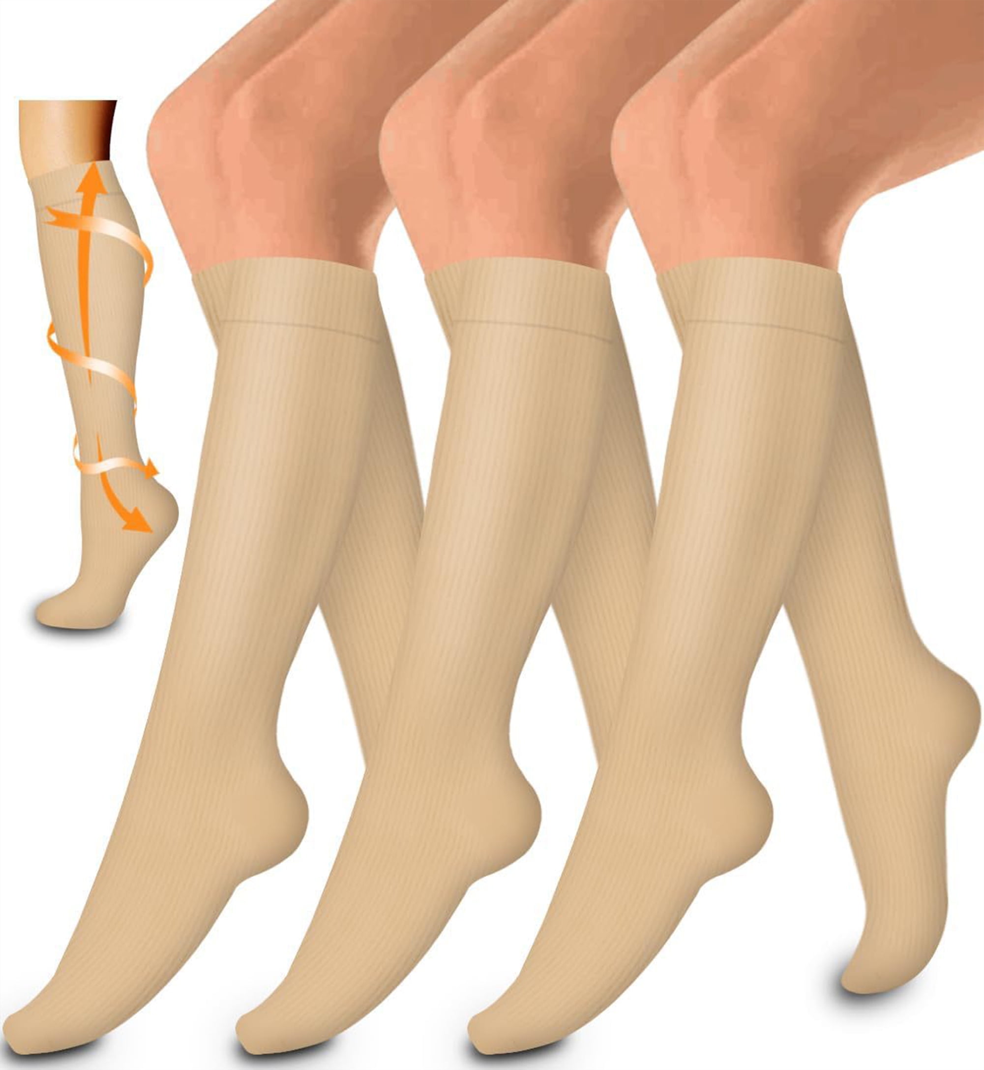3 Pairs L Beige Compression stockings Knee-length socks Easy-on/Easy ...