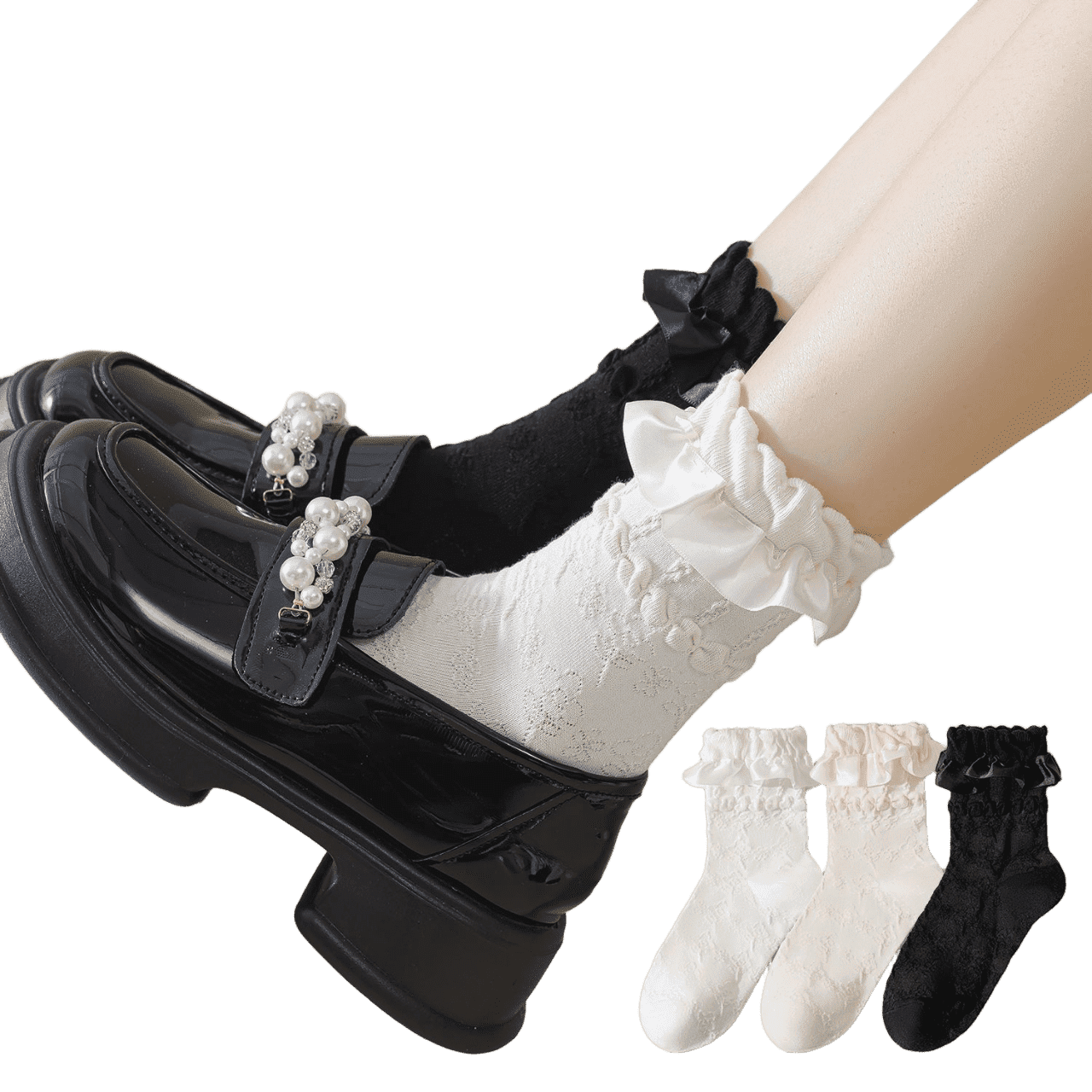 3 Pairs Lolita Ruffle Socks Cute for Women Girls Ribbon Lace Trim ...