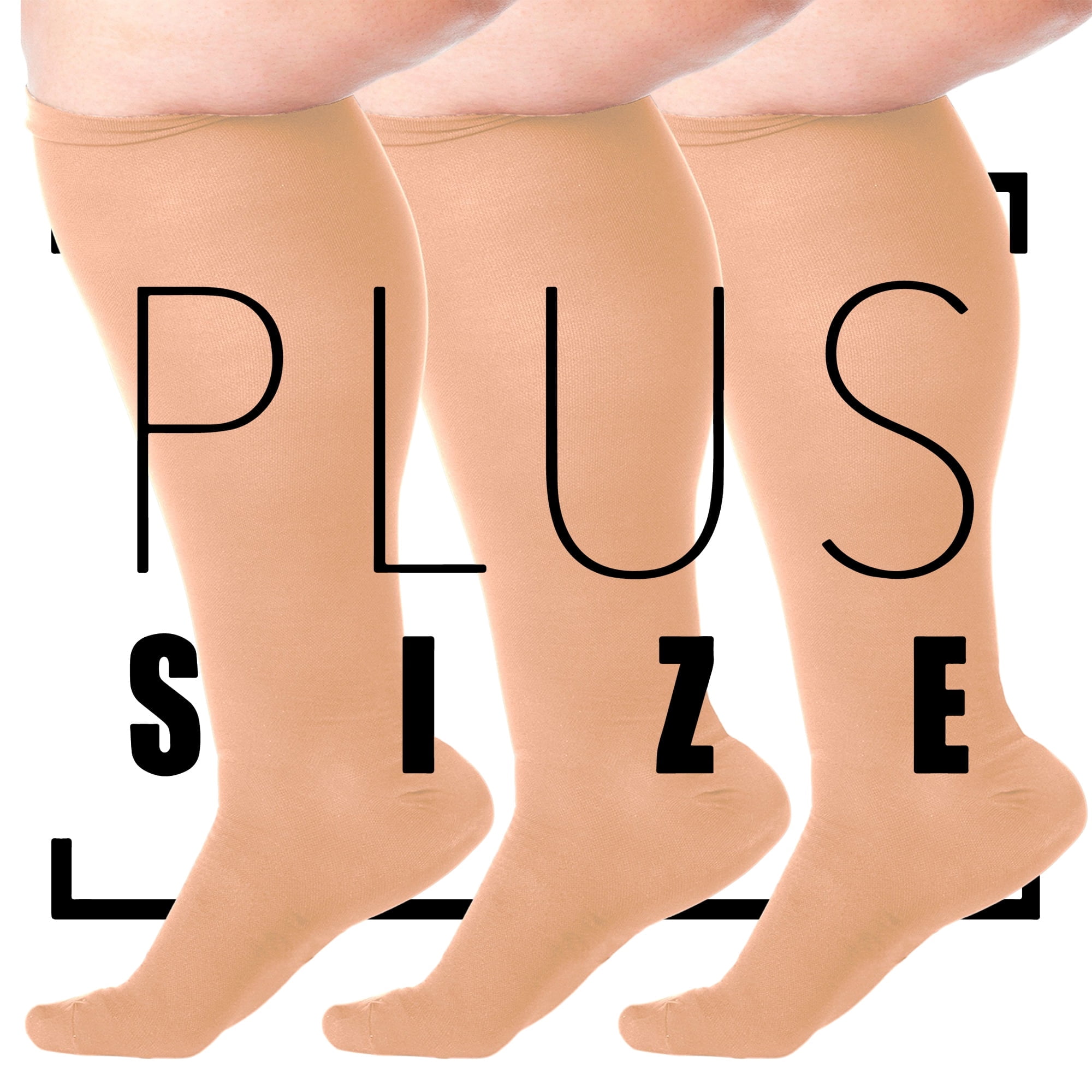 (3 Pairs) Made in USA - Plus Size Support Knee High 15-20mmHg - Beige ...