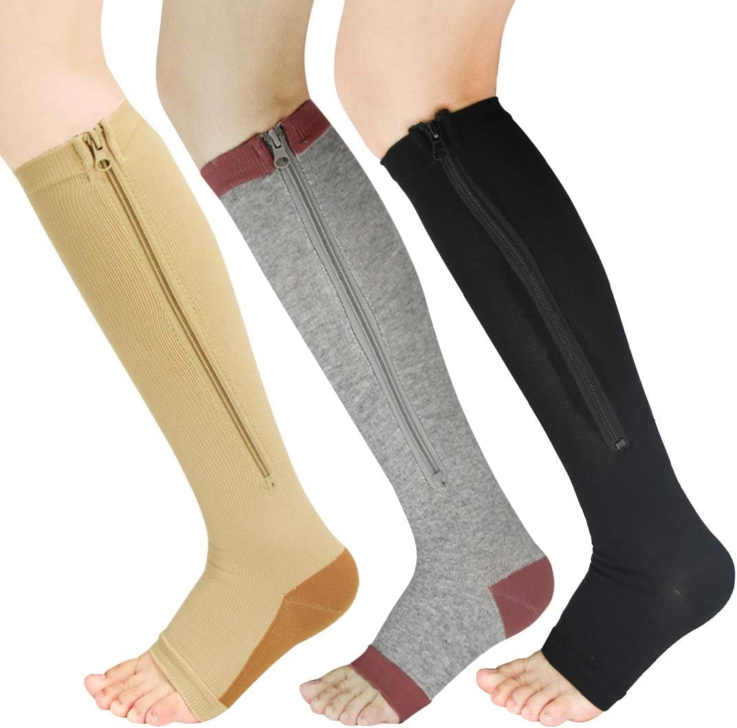 3 Pairs Medical Compression Socks with Zipper, Knee High 15-20 mmHg ...