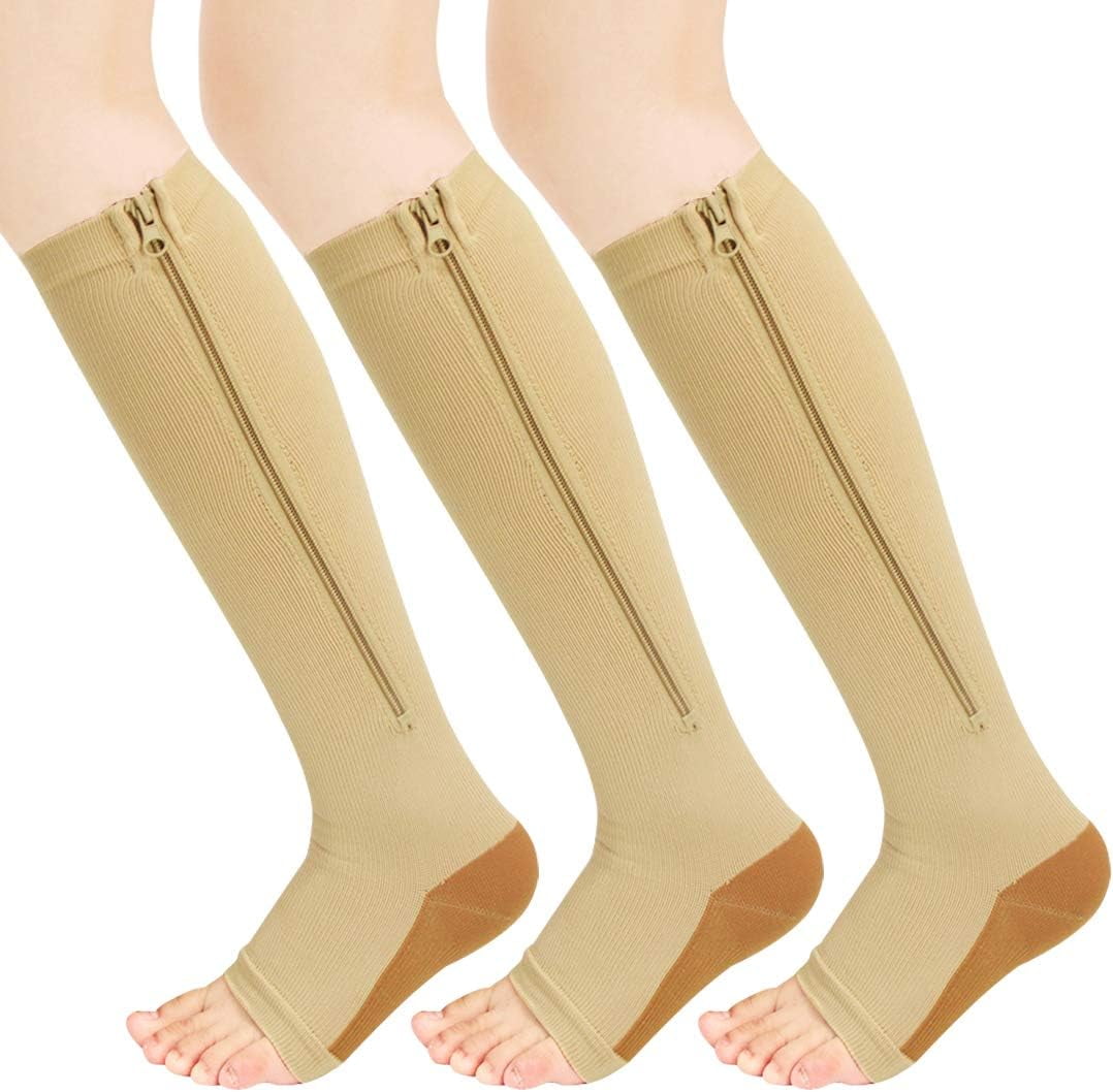3 Pairs Medical Compression Socks with Zipper, Knee High 15-20 mmHg ...