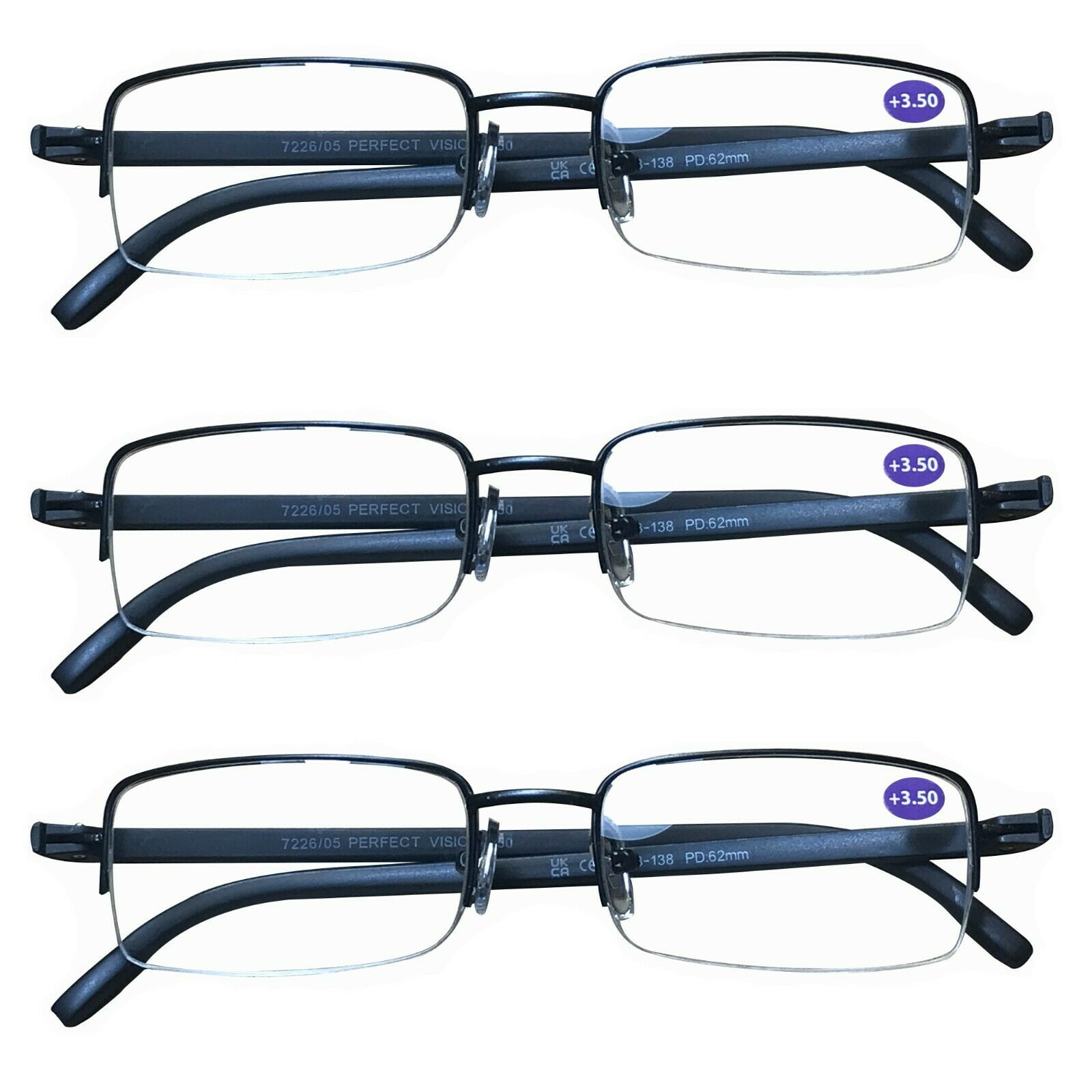 B and Q Mens Metal Frame Rectangular Half Frame Reading Glasses, 3 ...