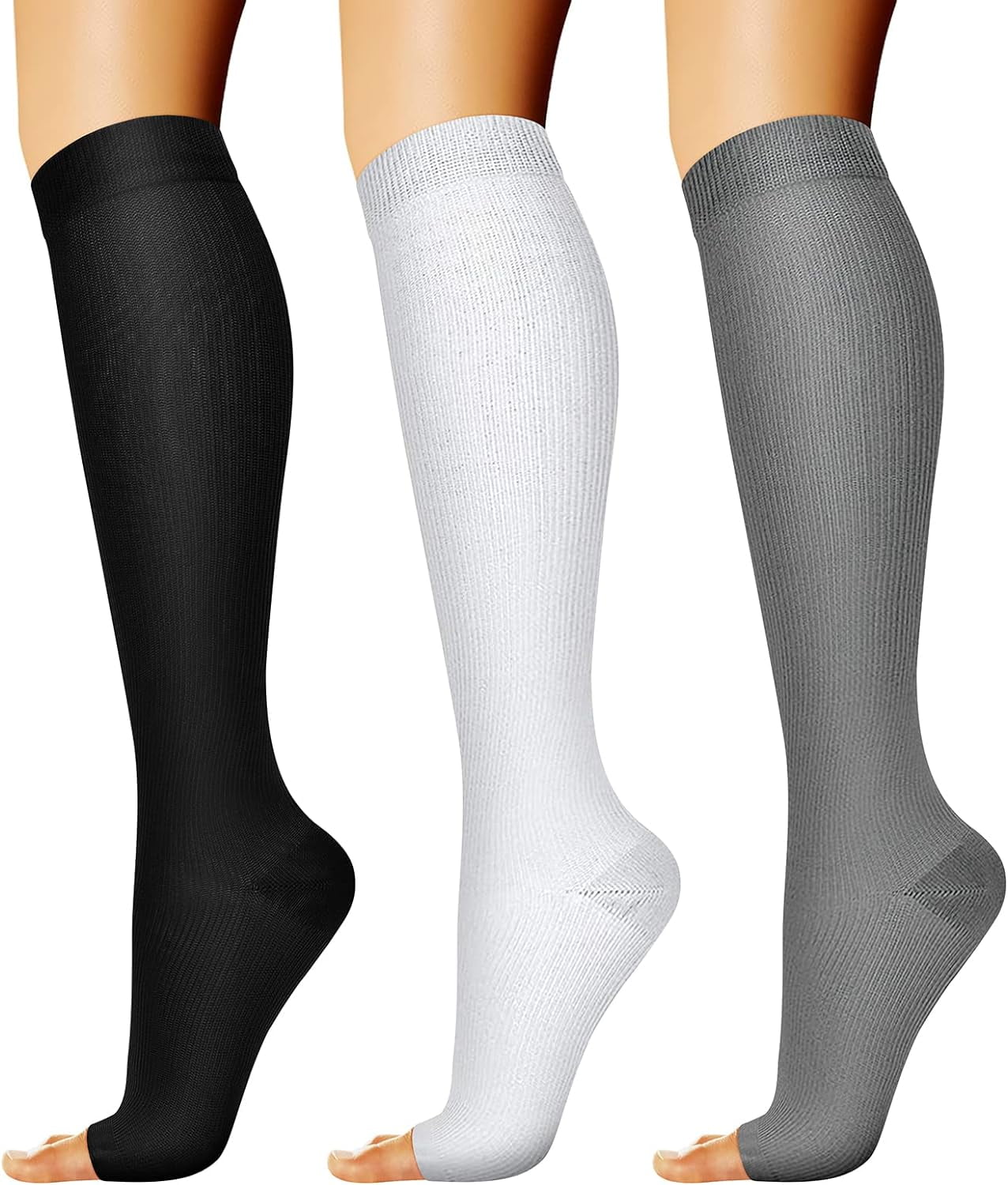 3 Pairs Open Toe Compression Socks 15-20mmHg, Toeless Compression Socks ...