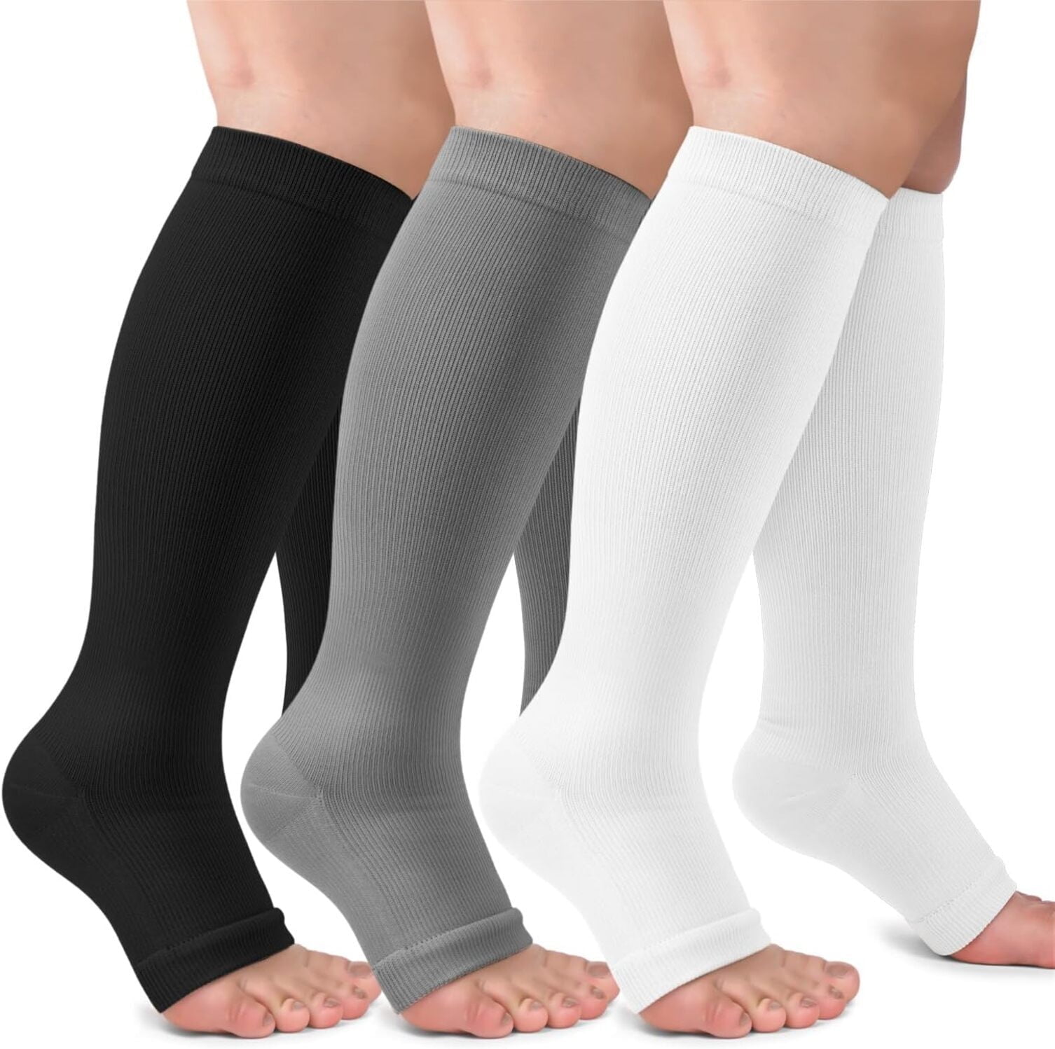 3 Pairs Open Toe Compression Socks for Women & Men Circulation 15-20 ...