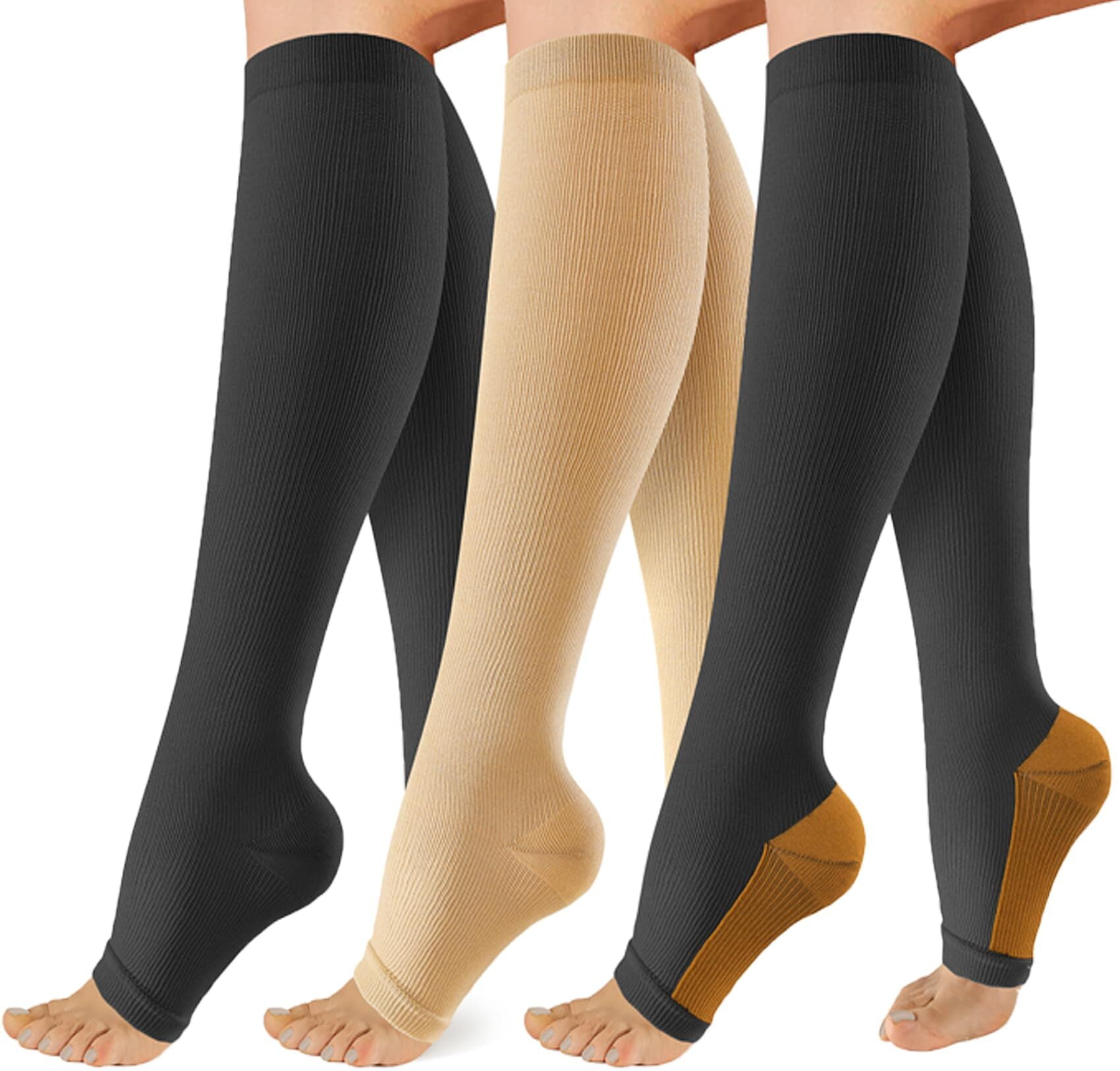 3 Pairs Open Toe Medical Sport Compression Socks - 15-20mmhg Graduated ...