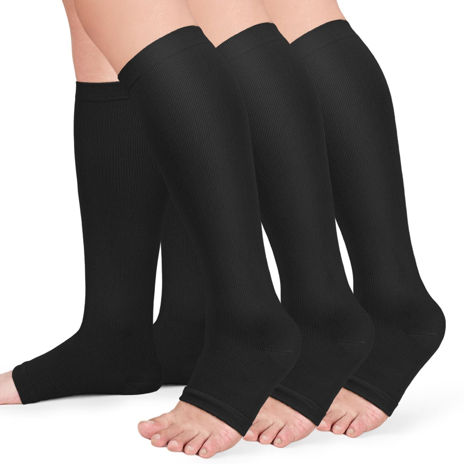 3 Pairs Open Toe Medical Sport Compression Socks - 15-20mmhg Graduated ...