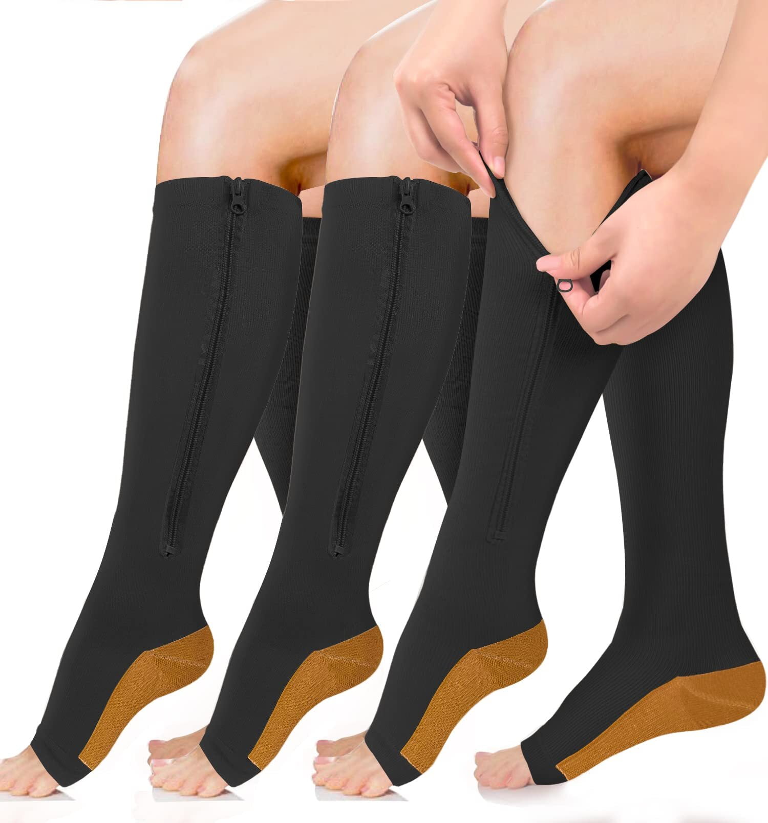3 Pairs Open Toe Zipper Copper Compression Socks for Women & Men ...