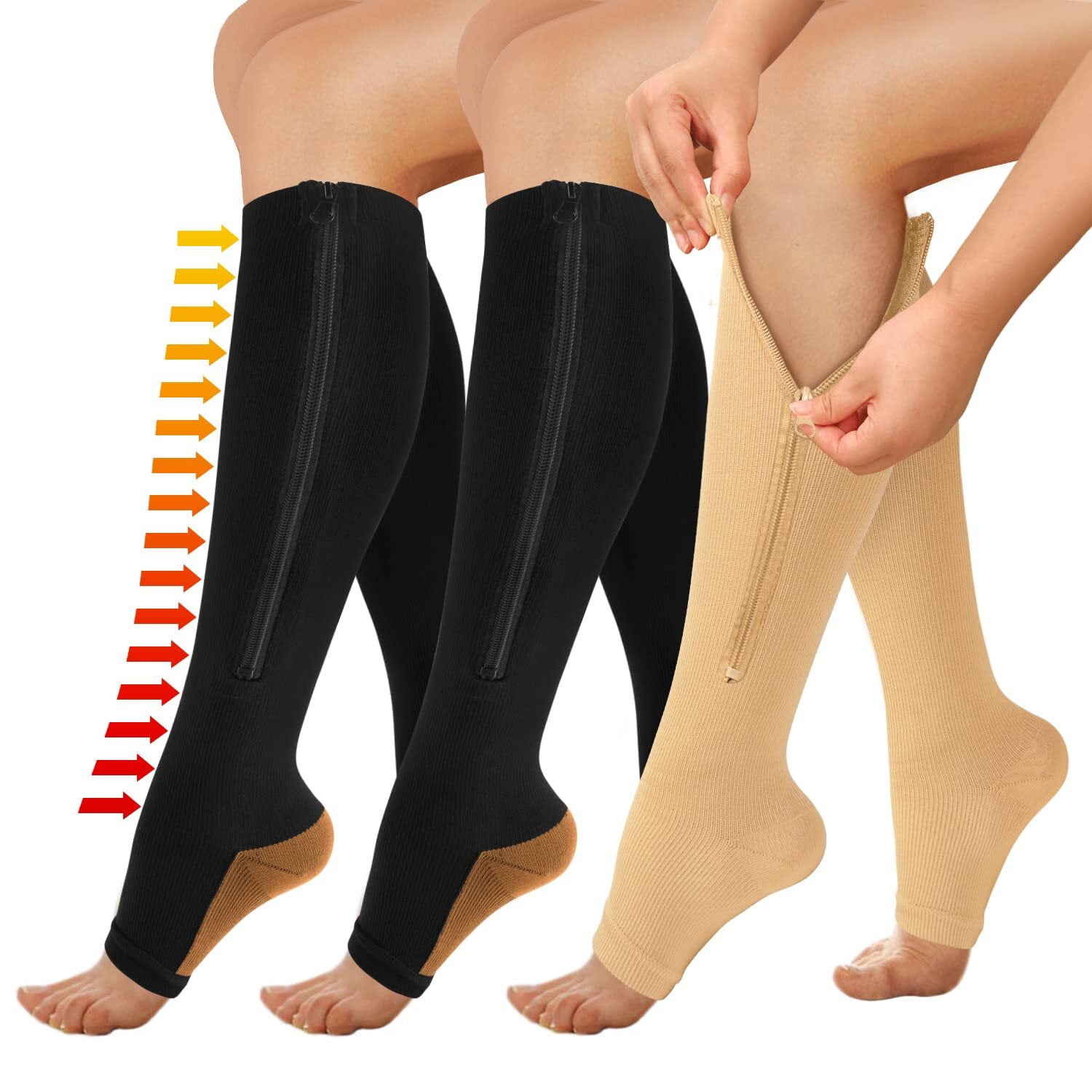 3 Pairs Open Toe Zipper Medical Sport Compression Socks - 15-20mmhg ...