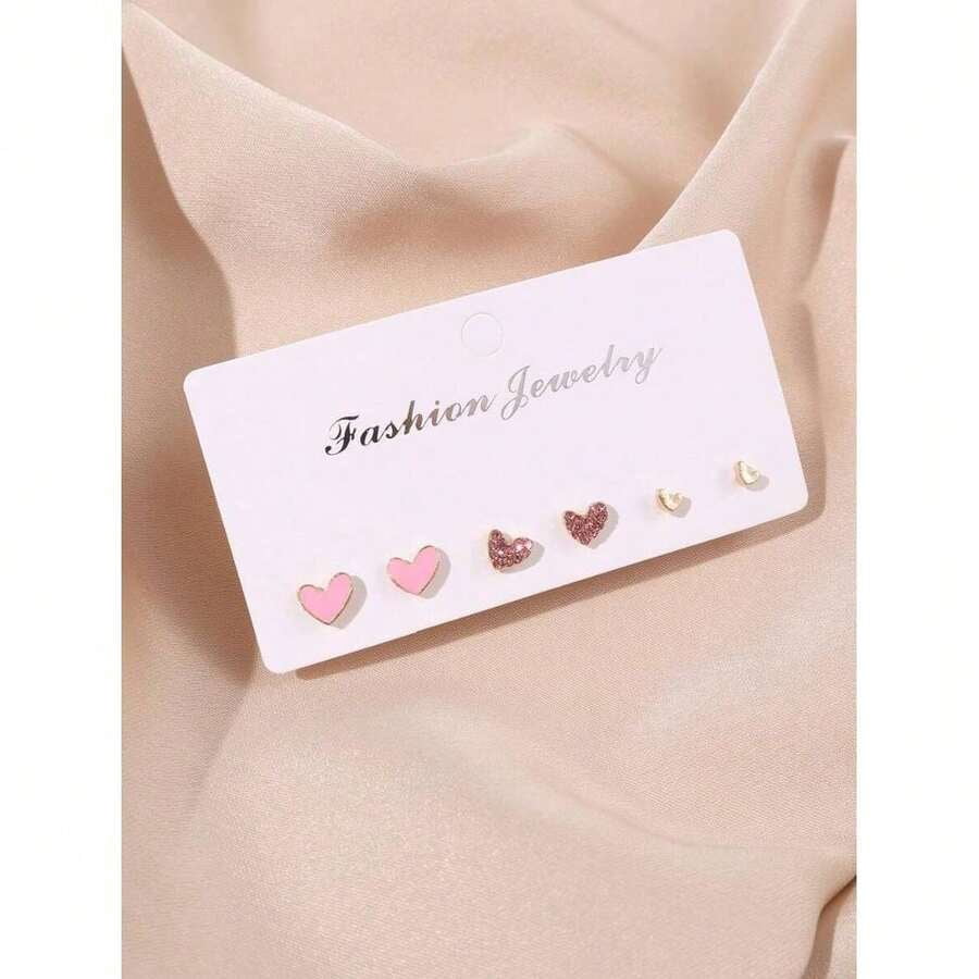 3 Pairs Pink Heart-Shaped Stud Earrings Set, Minimalist Fashion Jewelry ...