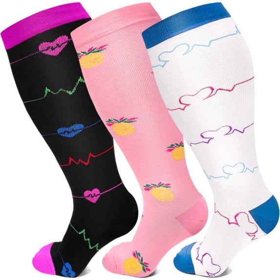3 Pairs Plus Size Compression Socks, Wide Calf, 20-30 mmHg, Extra Large ...