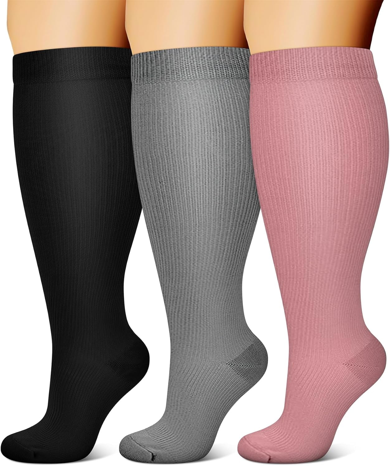 3 Pairs Plus Size Compression Socks Wide Calf for Women and Men, Extra ...