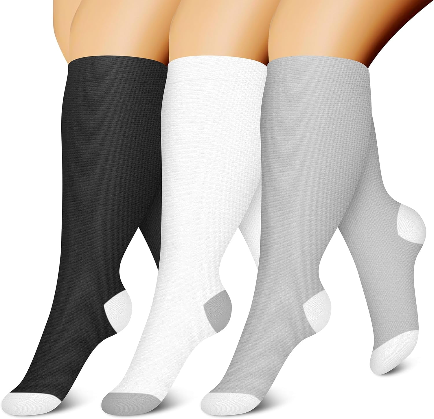 3 Pairs Plus Size Compression Socks for Women & Men Extra Wide Calf 20-30 mmHg Best Support for ...