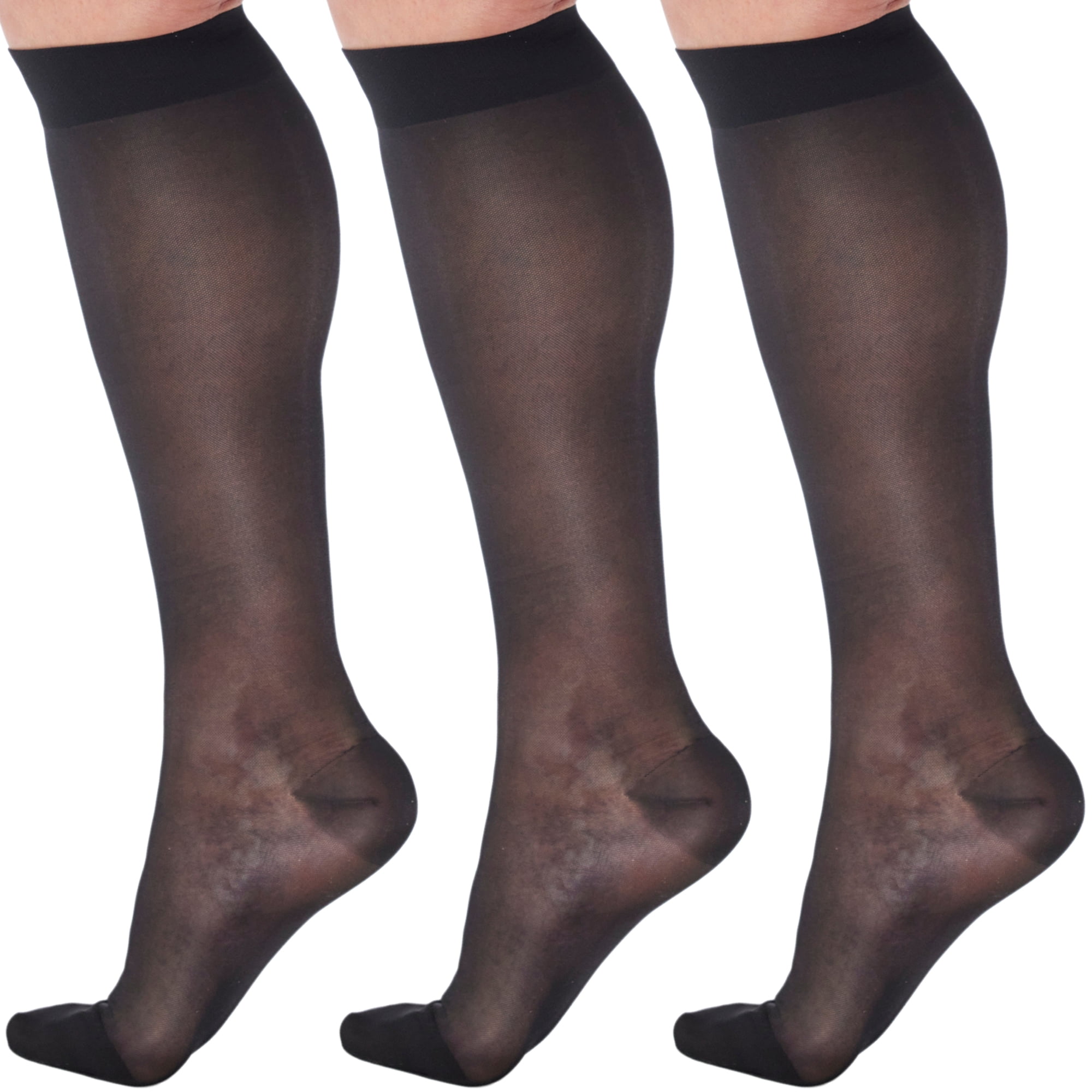 (3 Pairs) Plus Size Womens Sheer Compression Socks 15-20mmHg - Black ...