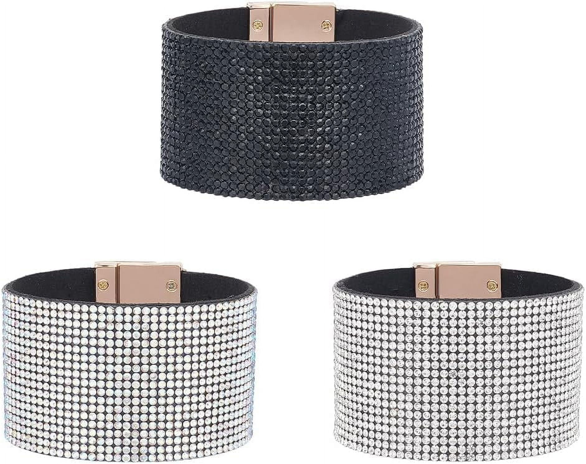 3 Pairs Rhinestone Cuff Bracelets for Women Wide Cord Bracelets Set for ...