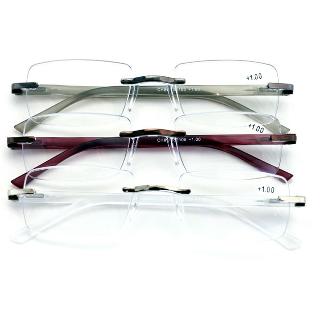 3 Pairs Rimless Modern Classic Rectangular Reading Glasses with Storage ...