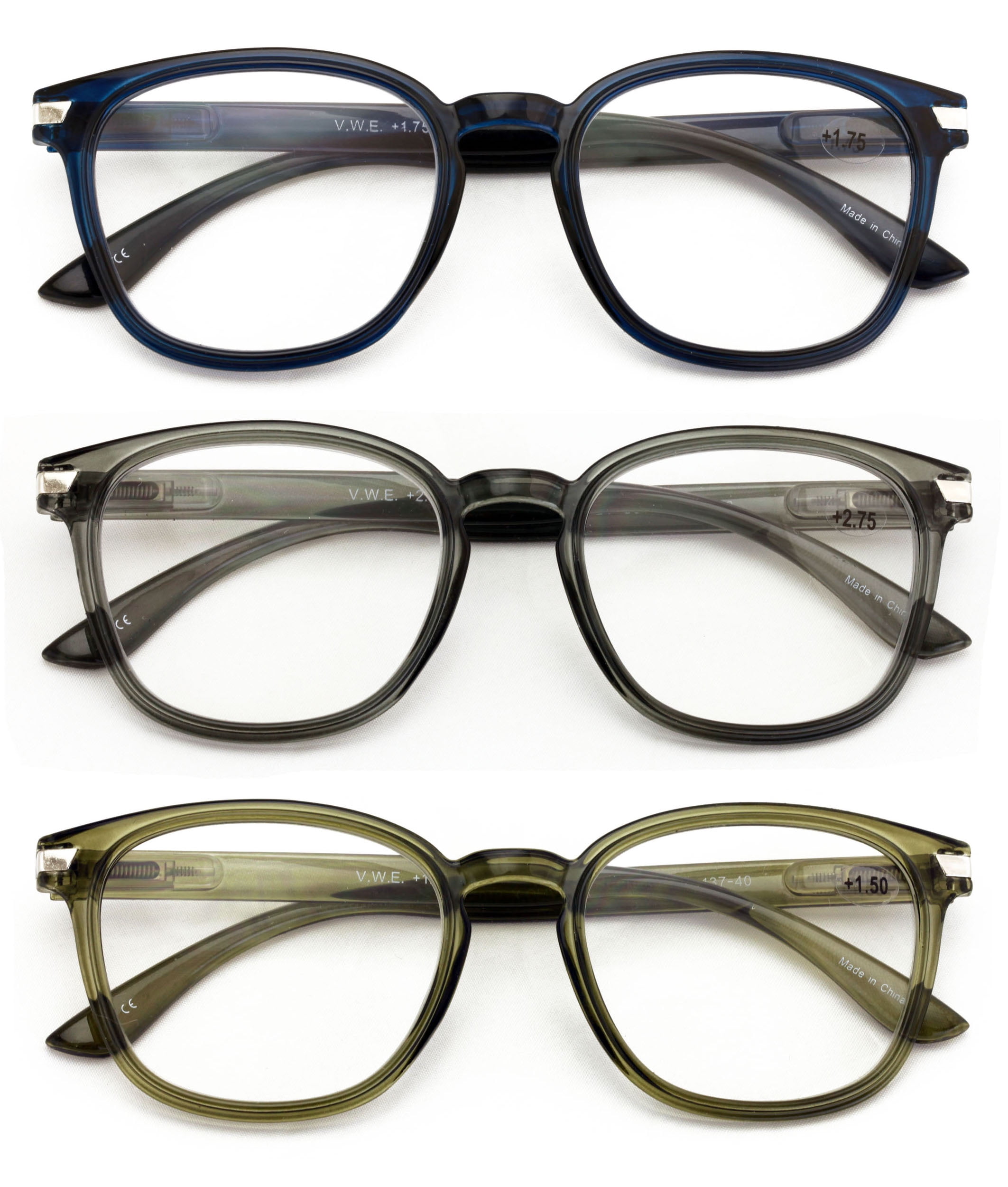 3 Pairs Round Lightweight Reading Glasses - Translucent Clear Spring ...