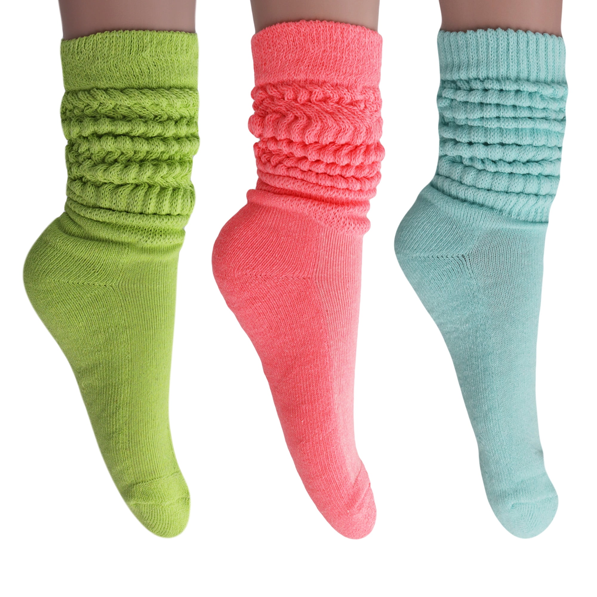 3 Pairs Slouch Socks Cotton Knee High Scrunch Socks (Almond-Neon Pink ...