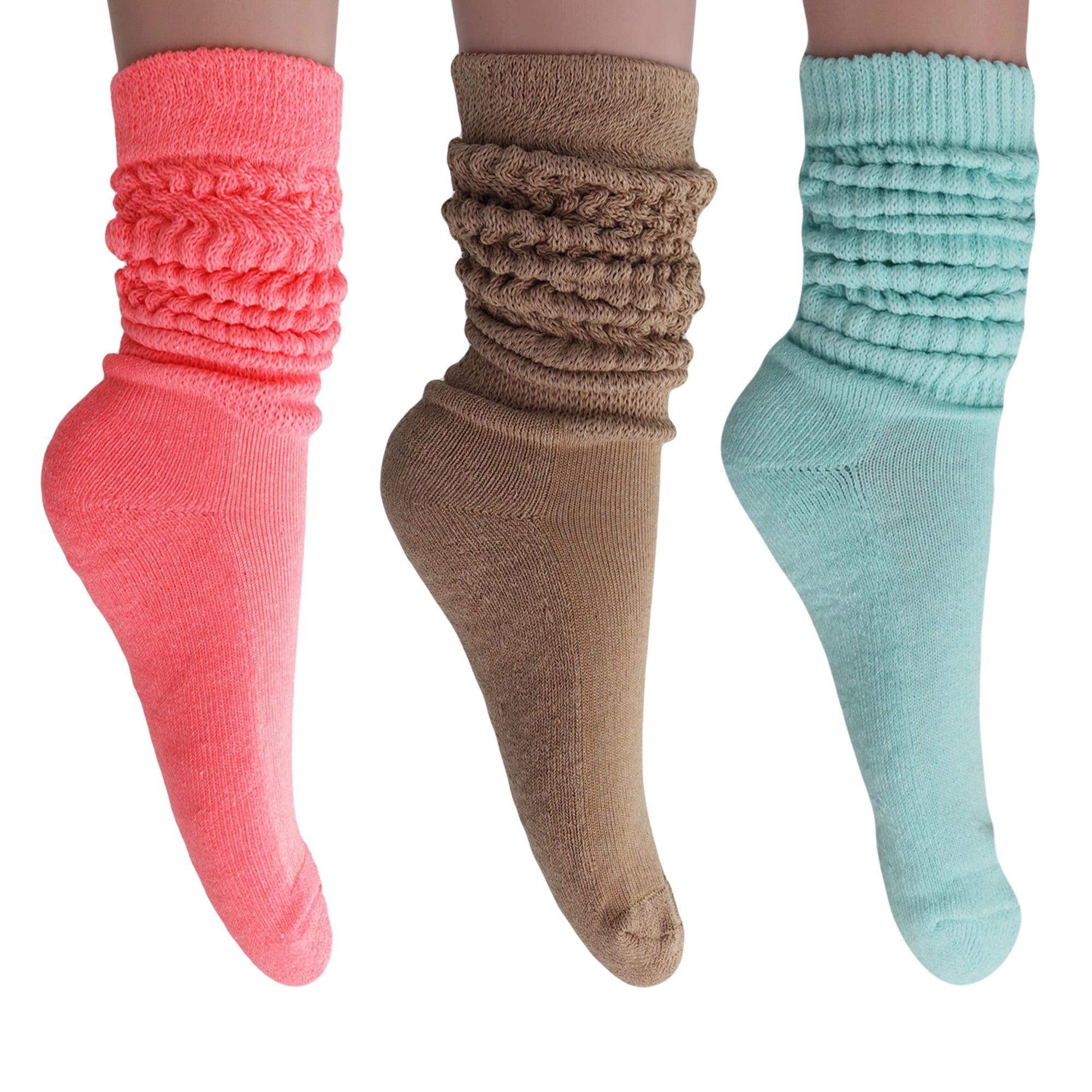 3 Pairs Slouch Socks Cotton Knee High Scrunch Socks (Neon Pink-Beige ...
